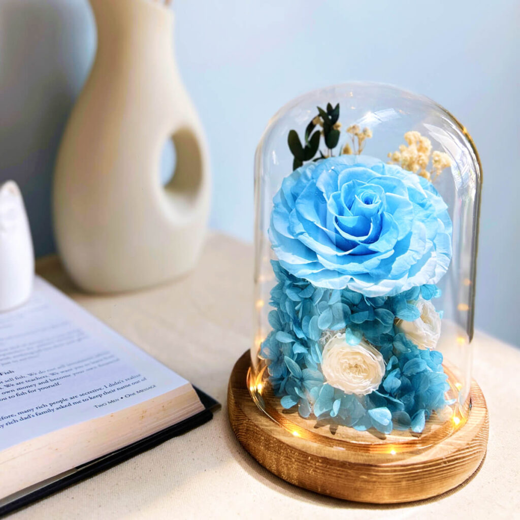 Aqua Blue Rose Preserved Flower Dome | Blissbies